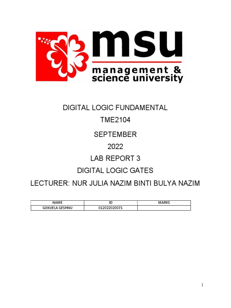 Digital Logic Fundamental TME2104 September 2022 Lab Report 3 Digital ...