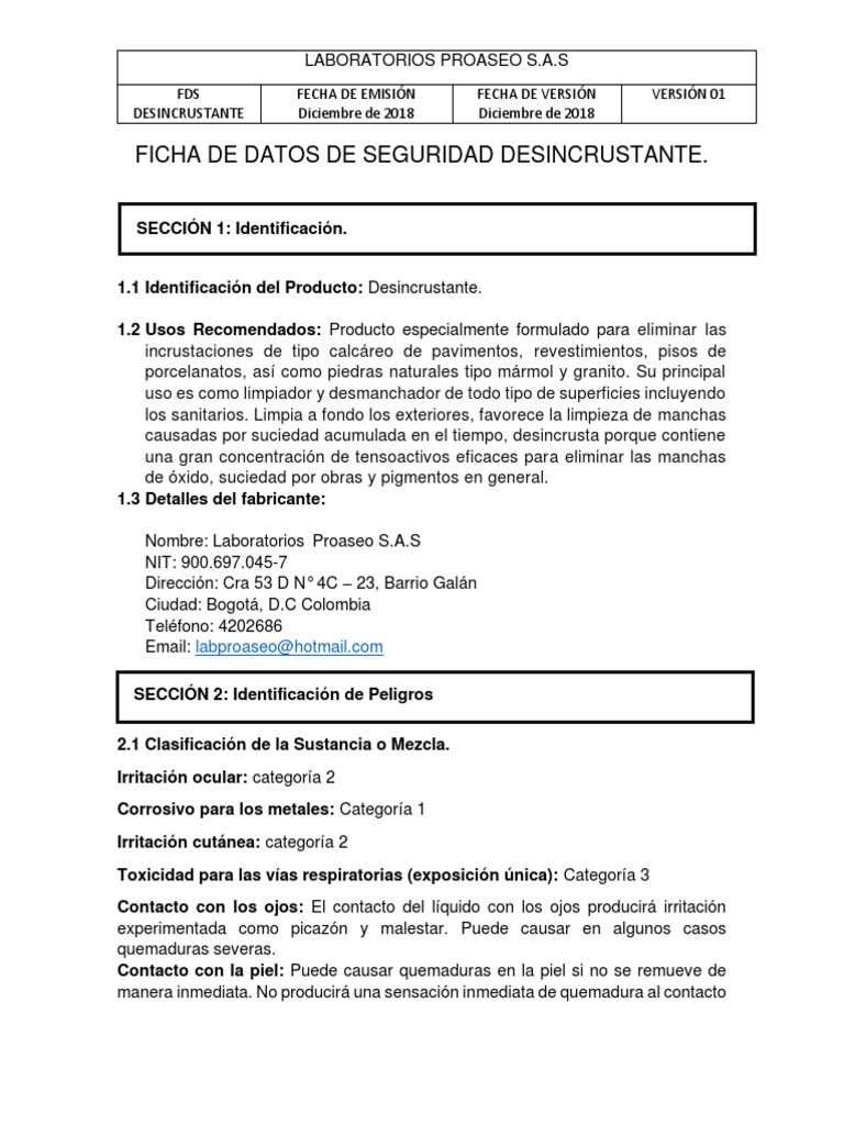 FDS Desincrustante | PDF | Residuos | Quemar