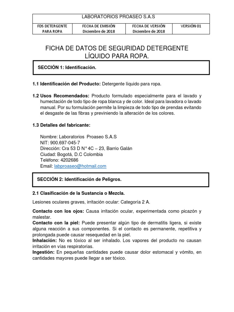 FDS Detergente Líquido para Ropa | PDF | Agua | Detergente