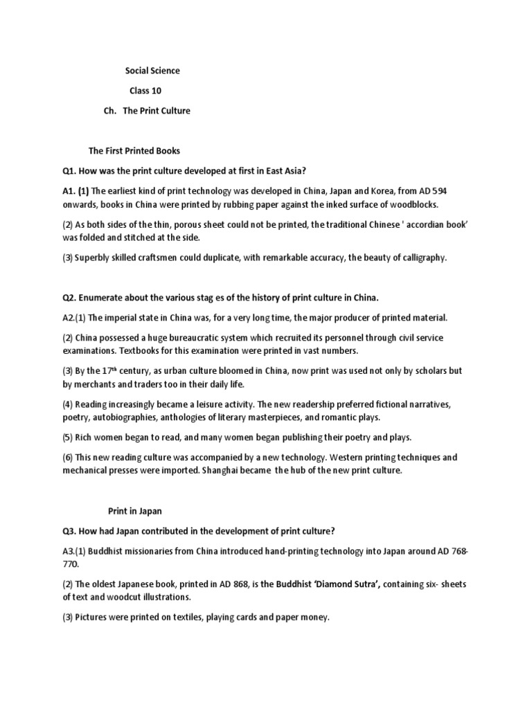 Notes The Print Culture (Class X History) | PDF | Books | Printing Notes The Print Culture (Class X History) | PDF | Books | Printing