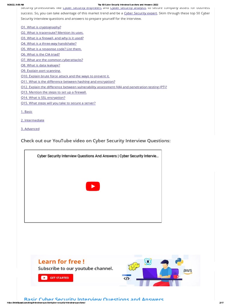 Top 50 Cyber Security Interview Questions and Answers 2022 | PDF ...