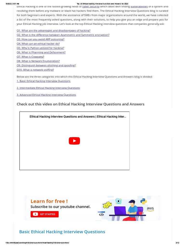 Top 40 Ethical Hacking Interview Questions and Answers For 2022 | PDF | Computer Network | Security