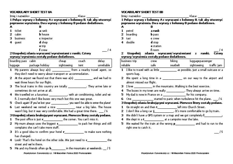 Unit 8 Short Test Vocab A&B | PDF | Transport