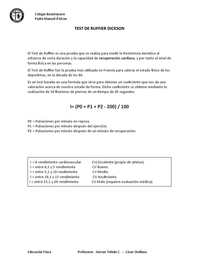 Test de Ruffier Dickson | PDF | Ritmo cardiaco | Ejercicio aerobico