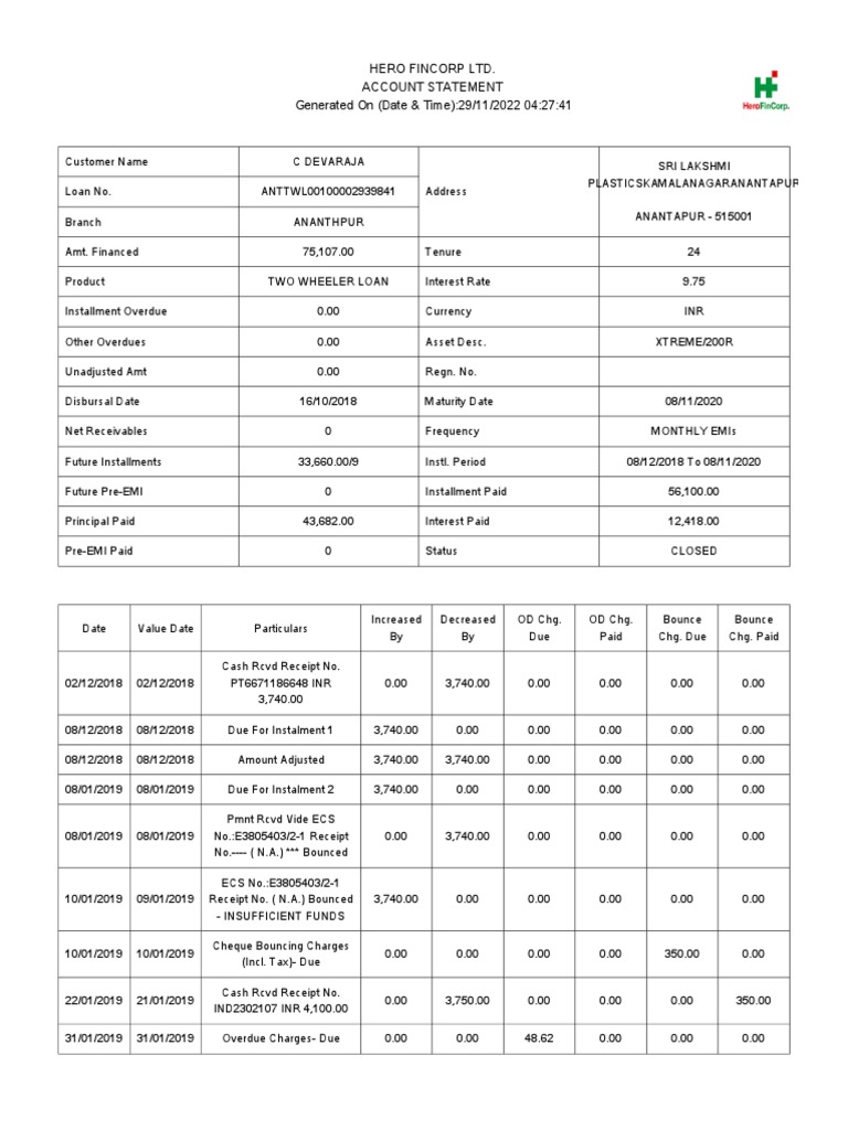 Hero Fincorp Ltd. Account Statement Generated On (Date & Time) :29/11 ...