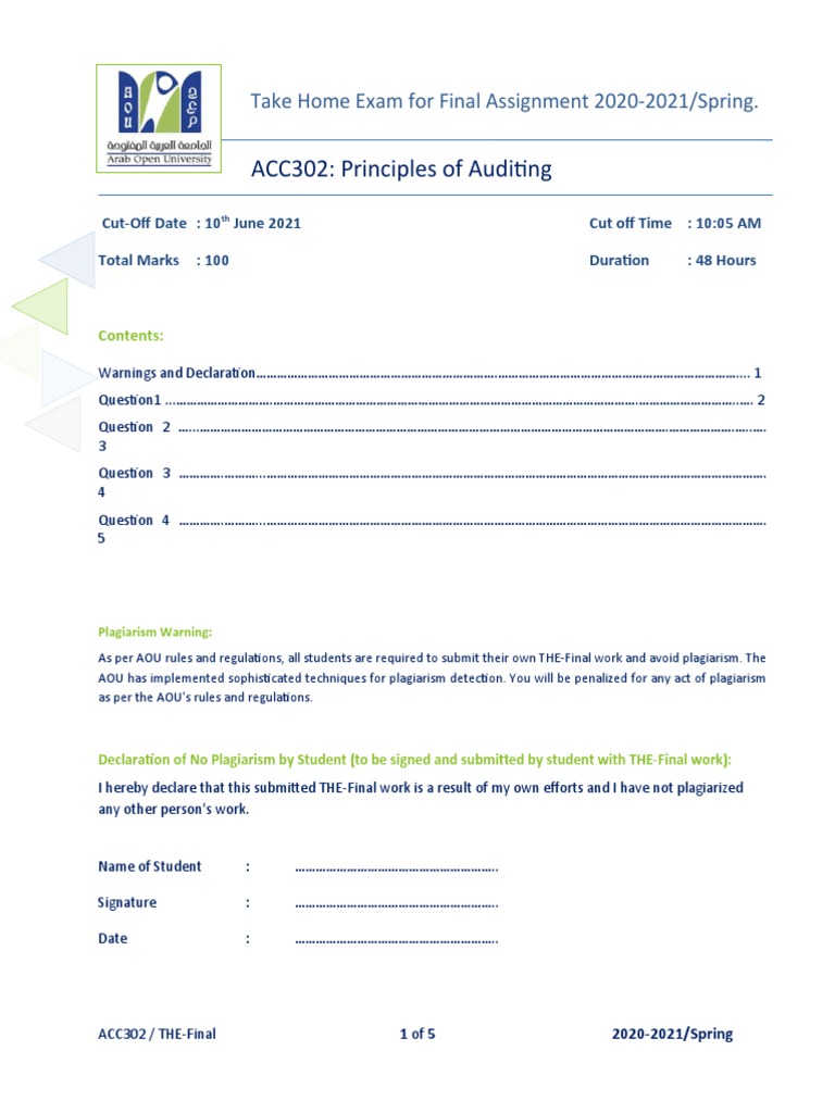 ACC302 THEFinal A 2021 Spring | PDF | Financial Audit | Auditor's Report
