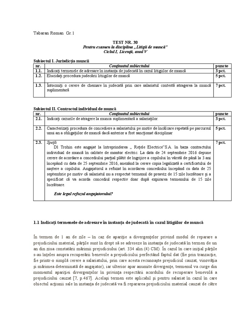 LITIGII DE MUNCĂ Examen Tabaran Roma | PDF