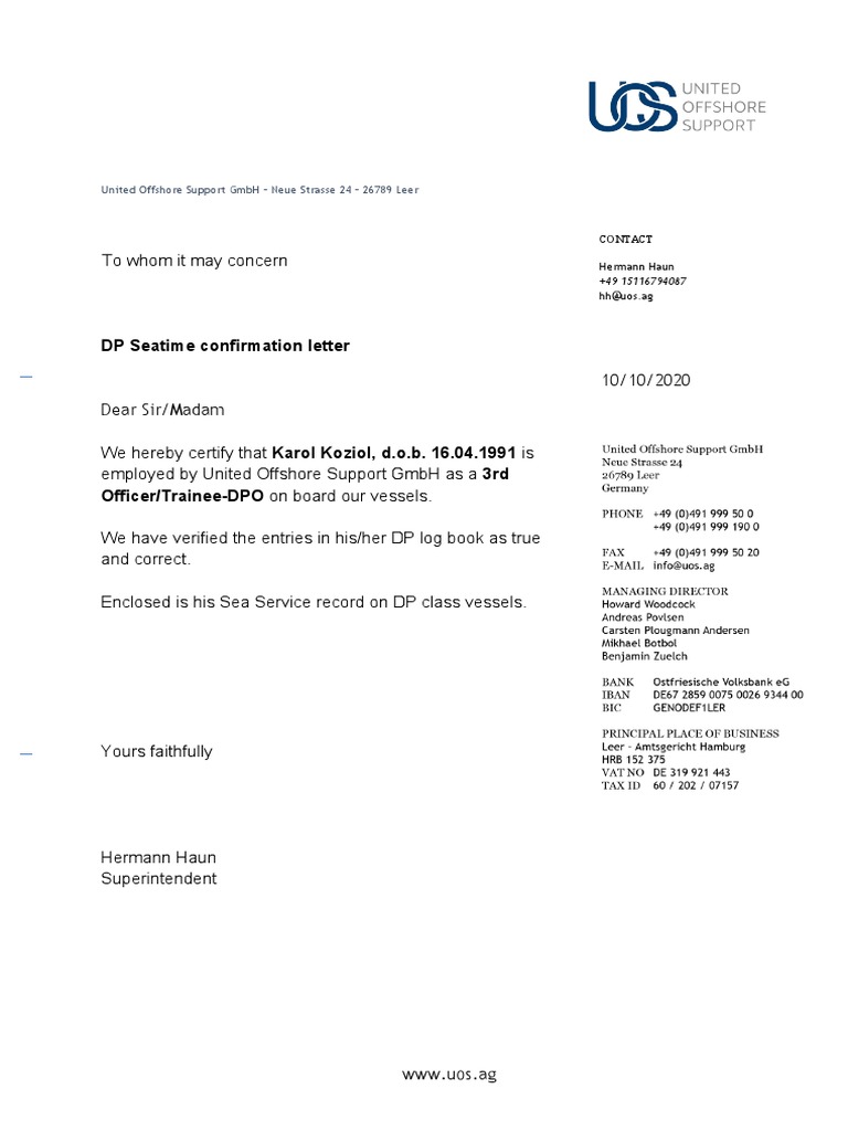 DP Seatime Confirmation For DP-A Training Karol Koziol (6476) | PDF