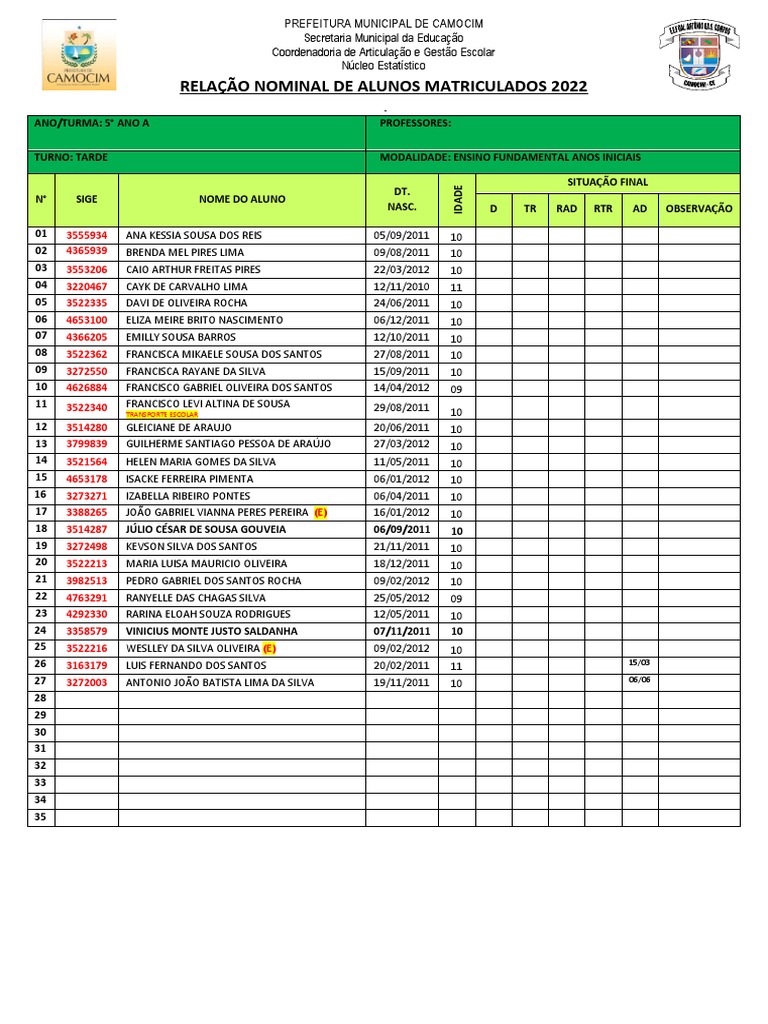 Relação Nominal 2022 - 5° Ano Novo | PDF