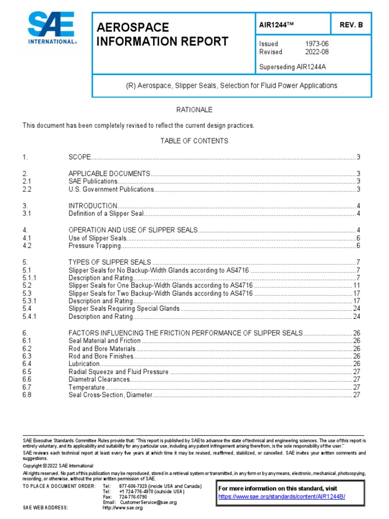 SAE AIR1244B Aerospace, Slipper Seals, Selection For Fluid Power ...