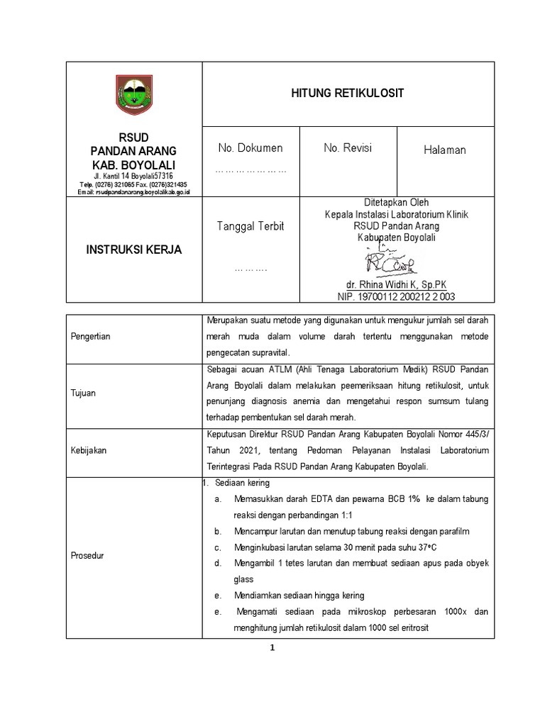Prosedur Hitung Retikulosit RSUD Pandan Arang | PDF