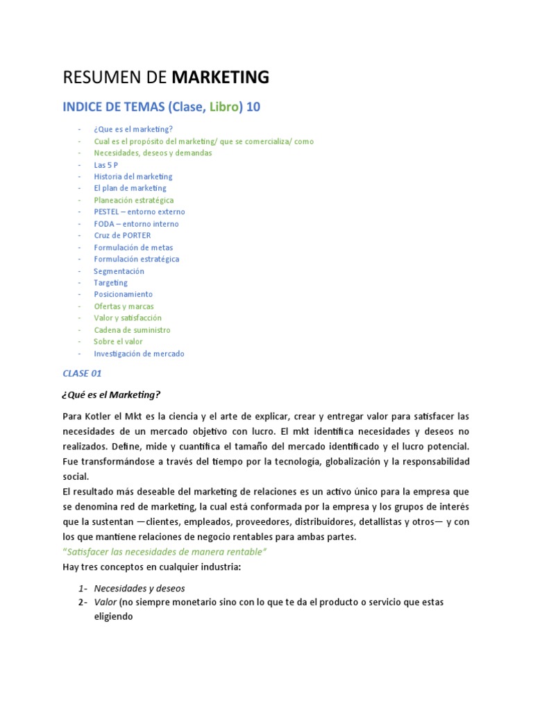 Resumen de Marketing PARCIAL | PDF | Marketing | Planificación