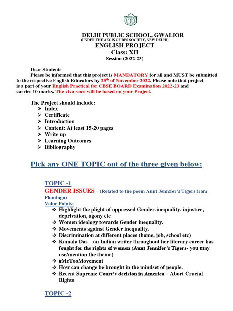 Class 12 English Project Guidelines | PDF | Psychological Resilience ...