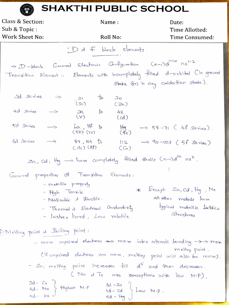 D and F Block Notes | PDF | Physical Chemistry | Physical Sciences