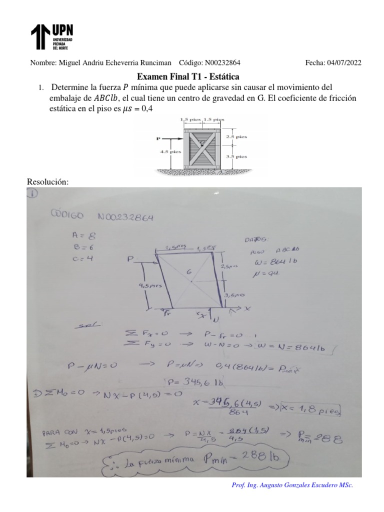 Examen Final de Estática | PDF | Ciencia y matemáticas