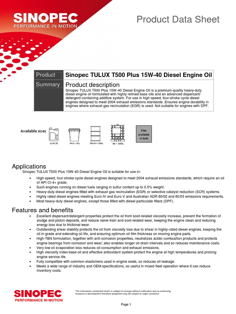 Sinopec TULUX T500 Plus 15W-40 Diesel Engine Oil (CI-4+) | PDF