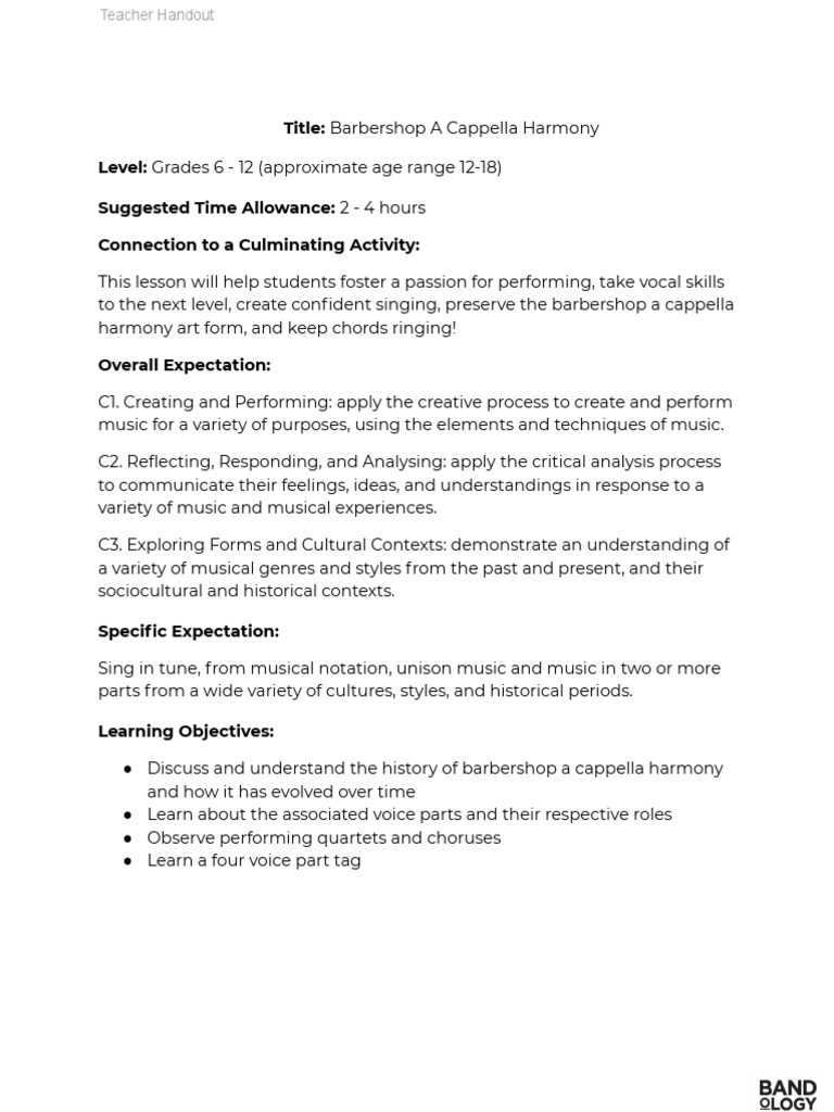 Barbershop A Cappella Harmony Lesson Plan | Download Free PDF | Singing ...