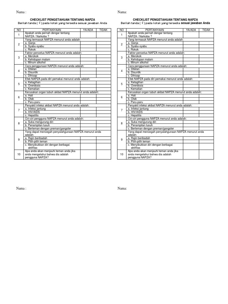 Kuesioner Pre Dan Post Test Narkobadocx PDF Free | PDF