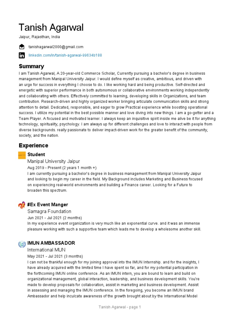 CV-RESUME - Tanish Agarwal | PDF | Leadership | Cognition