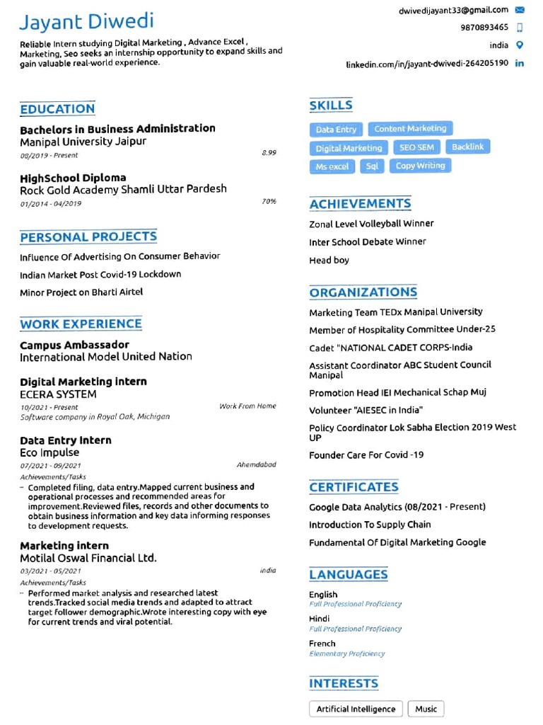 Jayant CV 2021 Graduation - Jayant Dwivedi | PDF Jayant CV 2021 Graduation - Jayant Dwivedi | PDF