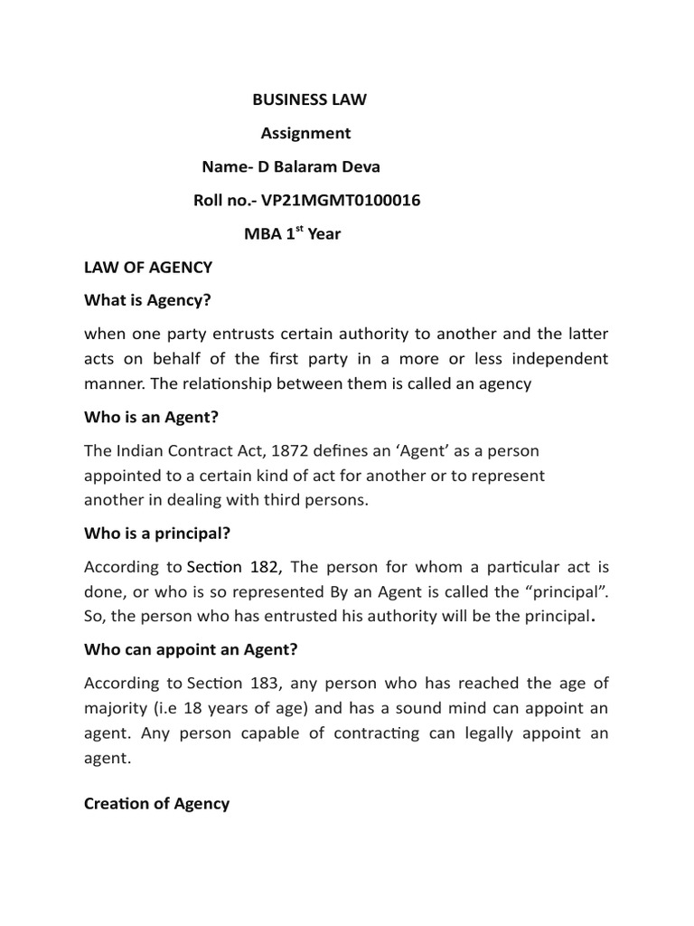 Business Law Assignment | PDF | Law Of Agency | Partnership