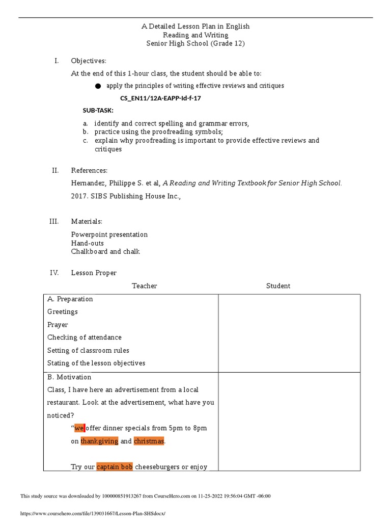 Lesson Plan SHS | PDF | Books | Printing Press
