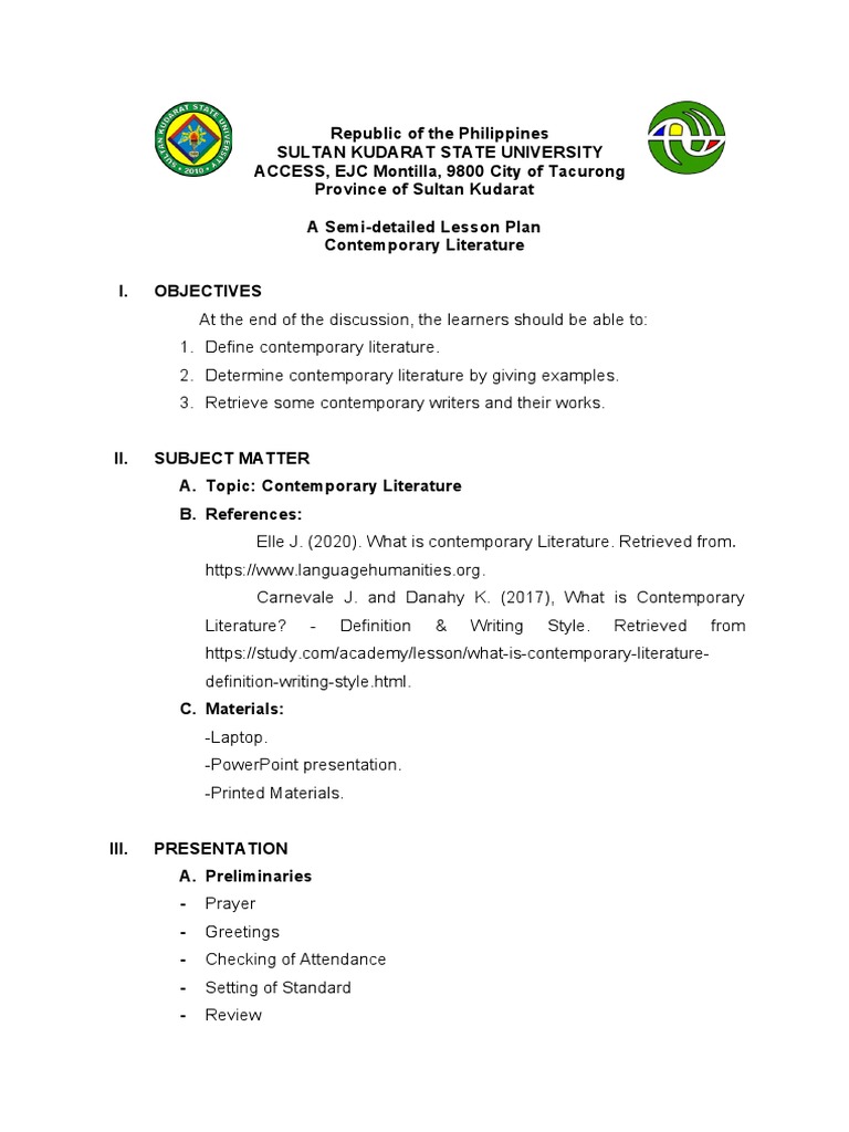 Semi-Detailed Lesson Plan on Contemporary Literature | PDF | Teachers ...
