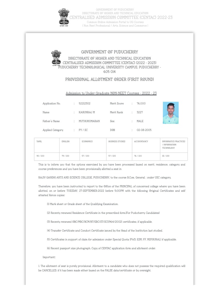 Allotment Order 2022-23 - FIRST Round Arts - 52212302 - KARUNRAJ M ...