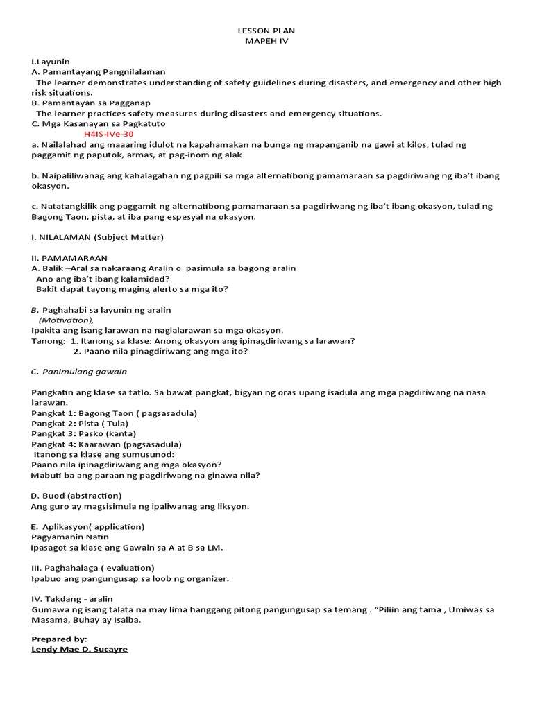LESSON PLAN Mapeh 4 | PDF