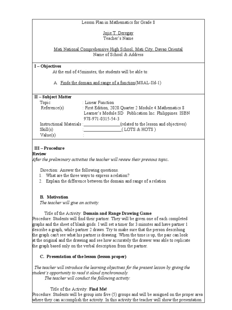 Finding Domain And Range Lesson Plan Pdf Function Mathematics Lesson Plan