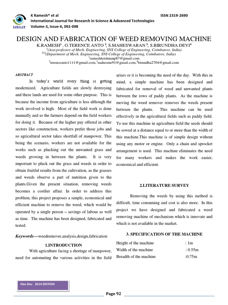Design and Fabrication of Weed Removing Machine: K.Ramesh G.Terence Anto S.Maheswaran S.Birundha ...