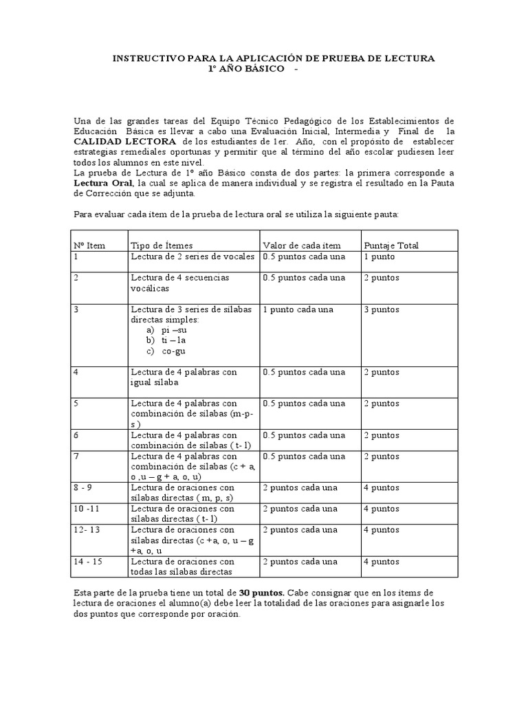 Instructivo para Prueba de Lectura 1º Básico | PDF | Evaluación ...