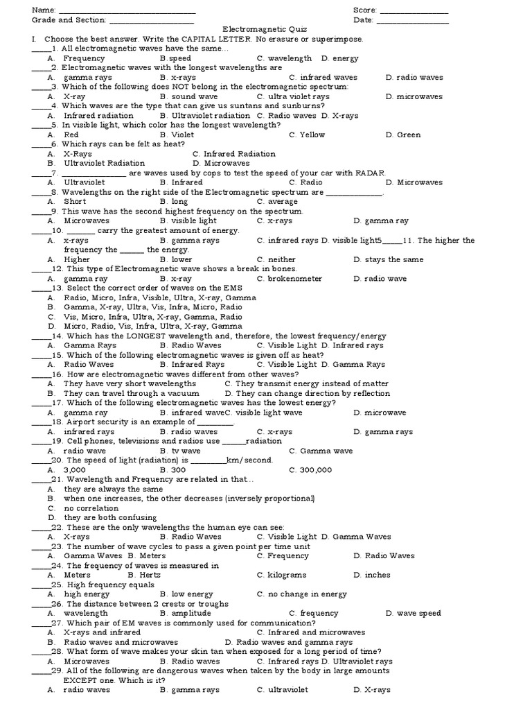 Em Wave Quiz | PDF | Electromagnetic Spectrum | Electromagnetic Radiation