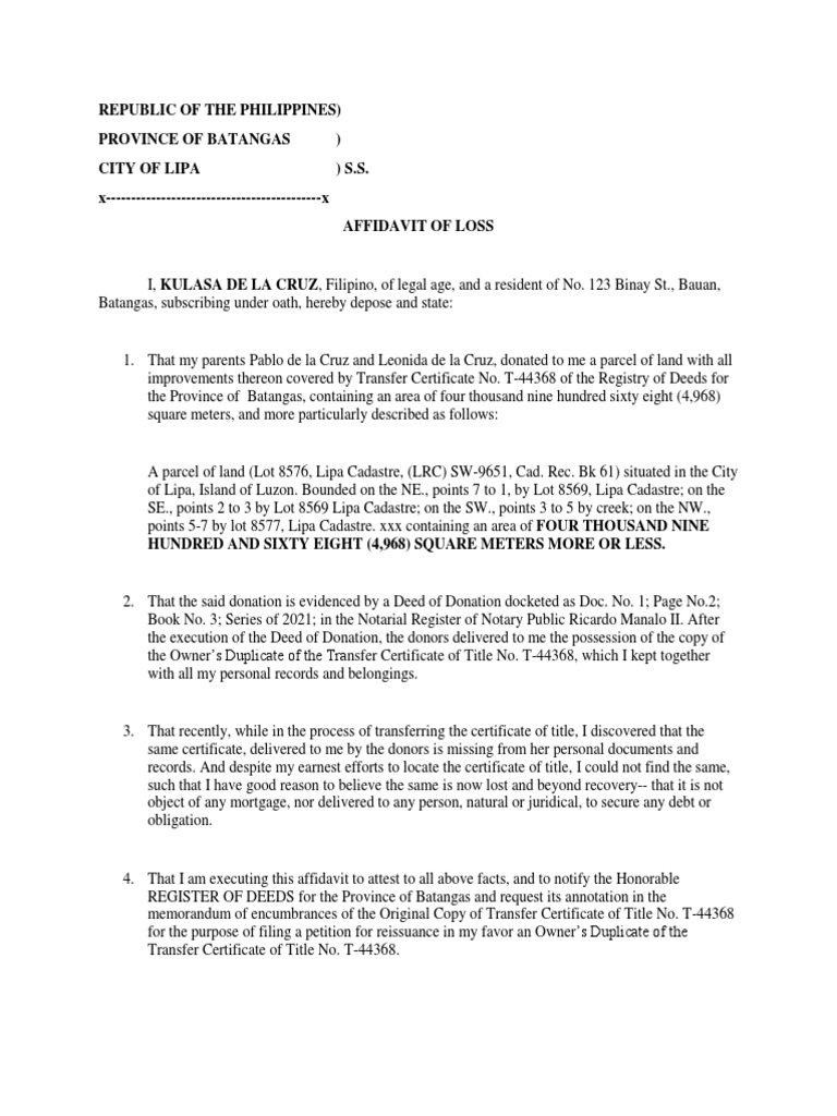 Sample Affidavit of Loss | PDF | Affidavit | Private Law