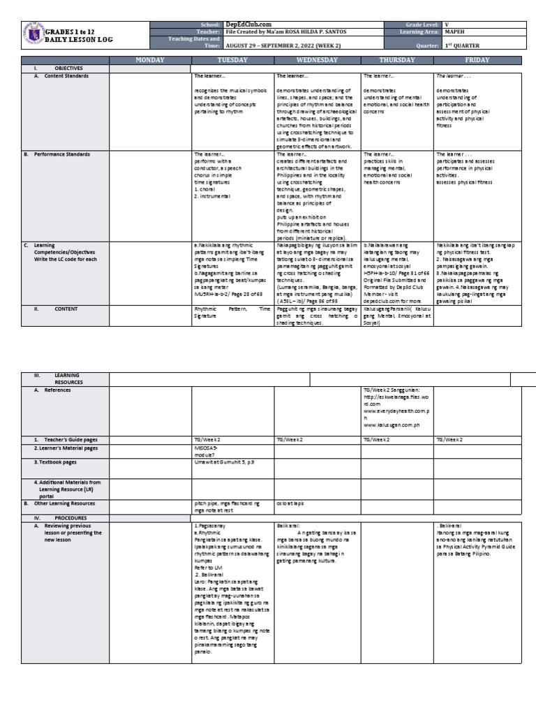 DLL - Mapeh 5 - Q1 - W2 | PDF | Learning | Cognition