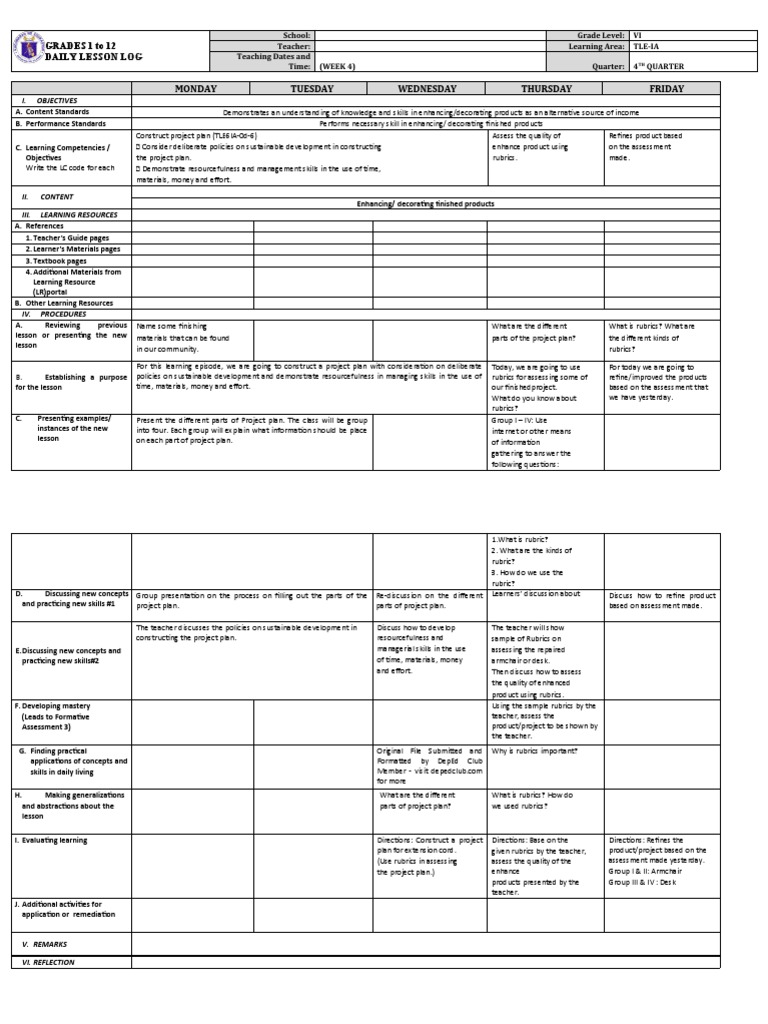 DLL - Tle 6 - Q4 - W4 | PDF | Educational Assessment | Rubric (Academic)