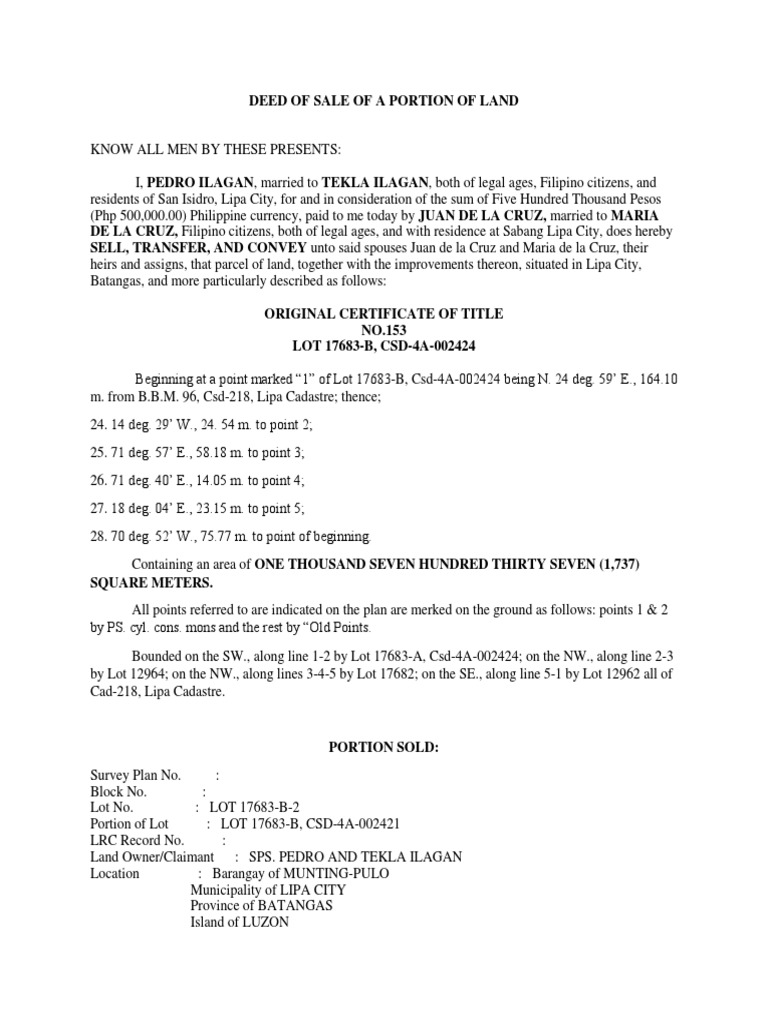 Sample Deed of Sale of A Portion of Land | PDF | Law And Economics | Justice