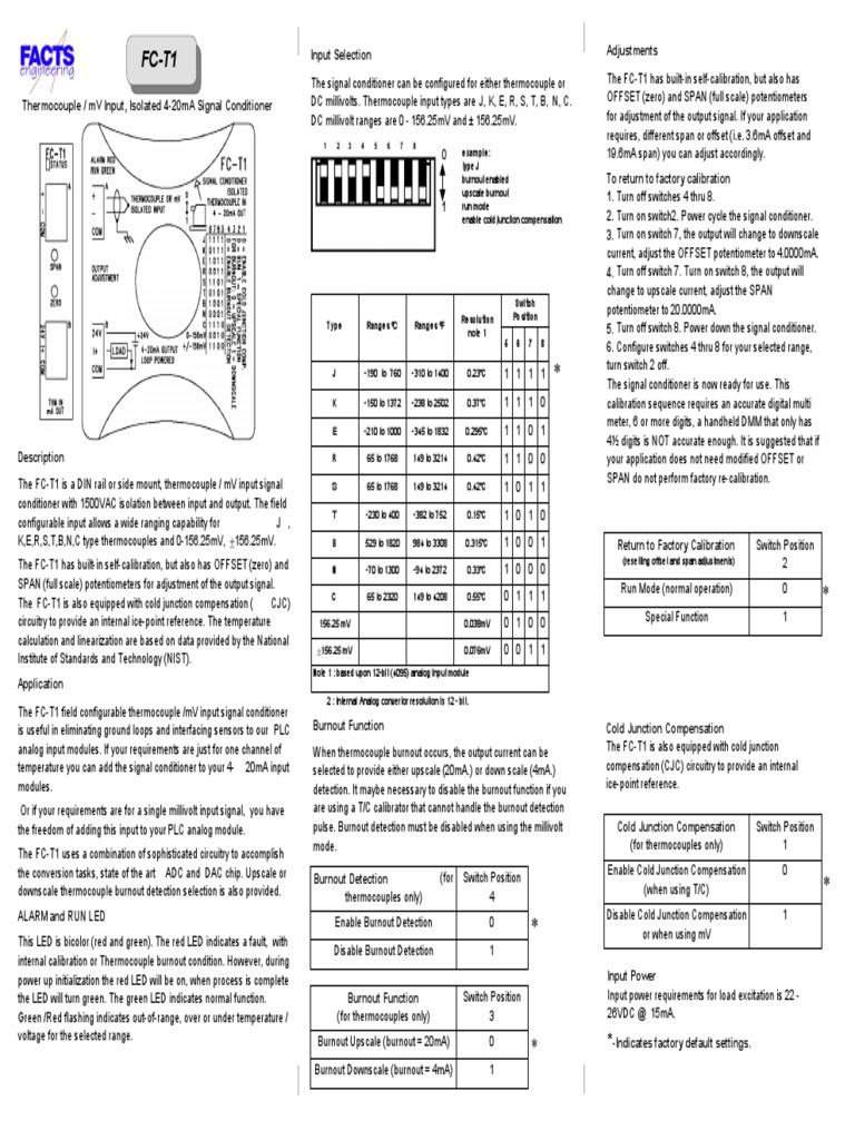 FC - t1 TC Signal Conditioner | PDF | Thermocouple | Telecommunications Engineering