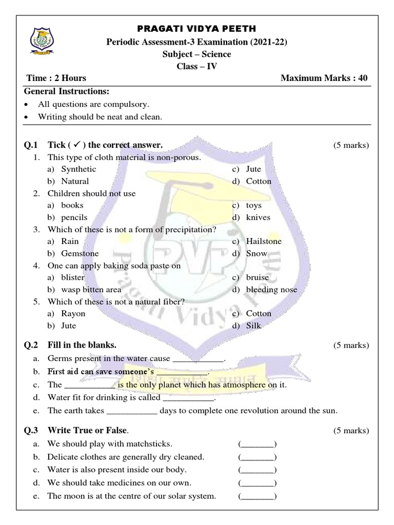 Class IV Science Exam Paper 2021-22 | PDF | Water | Nature