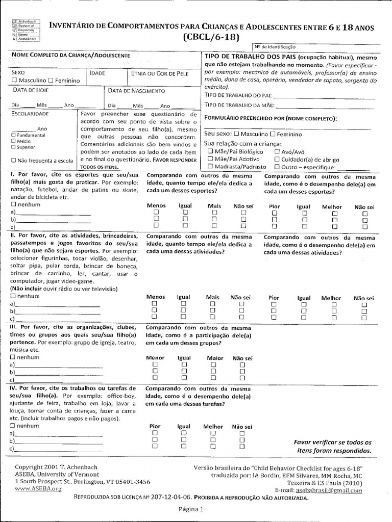 Inventário de Comportamentos para Crianças e Adolescentes Entre 6 e 18 ...