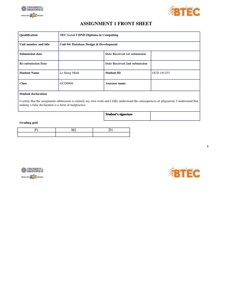 Assignment 1 Front Sheet: Qualification TEC Level 5 HND Diploma in Computing | Download Free PDF ...
