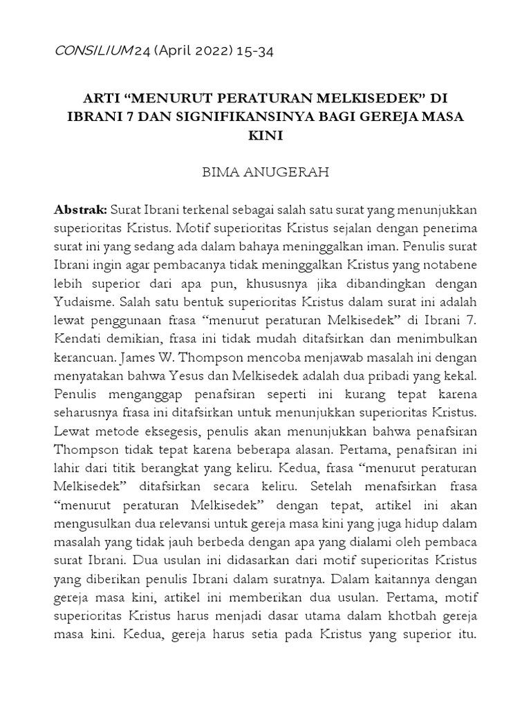 Arti "Menurut Peraturan Melkisedek" Di Ibrani 7 Dan Signifikasinya Bagi Gereja Masa Kini | PDF