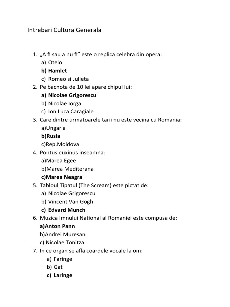 Intrebari Cultura Generala | PDF