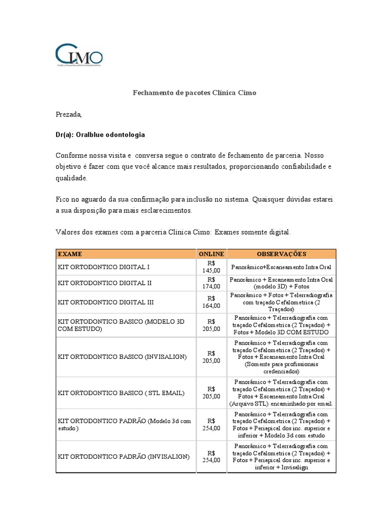 Parceria Clínica Cimo: Kits Ortodônticos e Exames Digitais | PDF | Ciências da Saúde