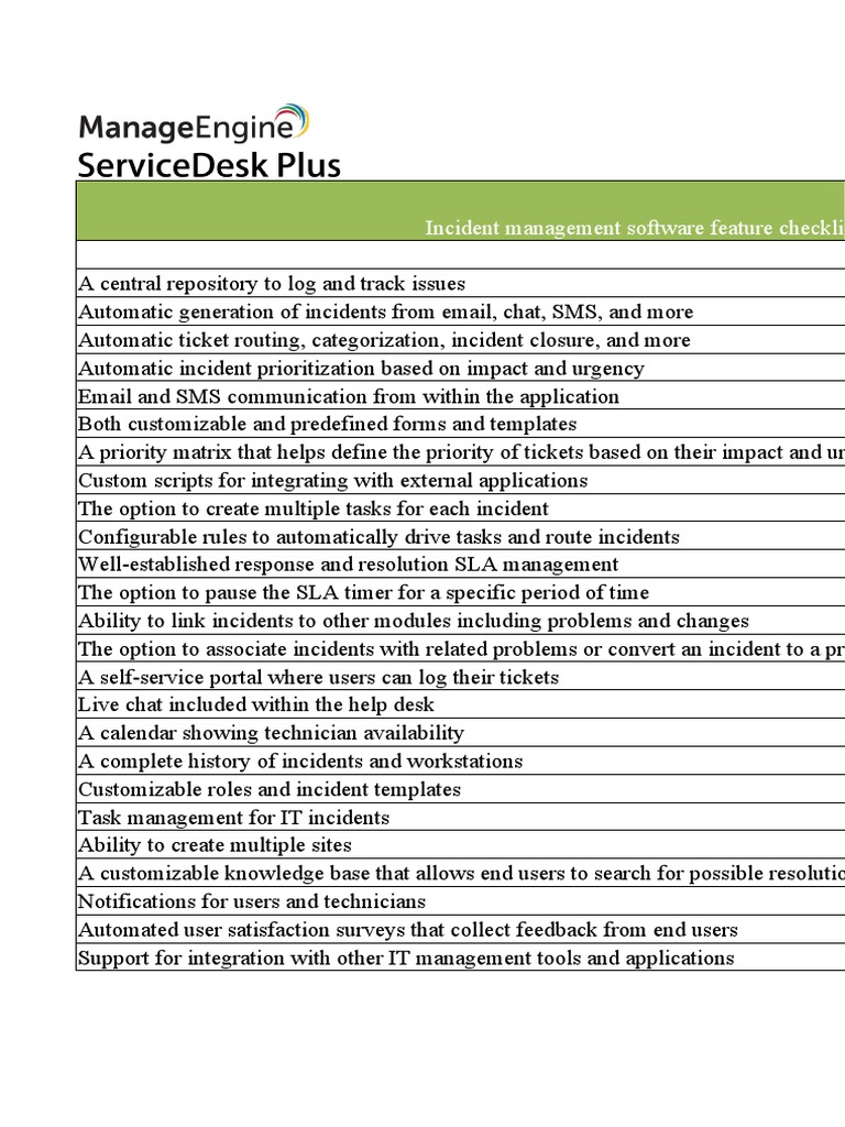Incident Management Feature Checklist | PDF