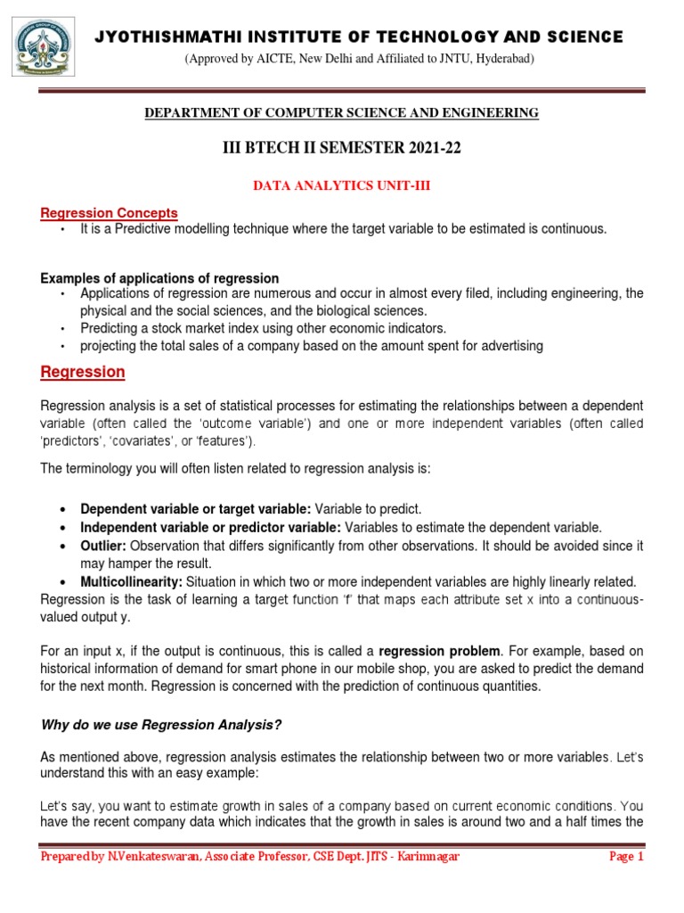 Data Analytics Regression UNIT-III | PDF | Regression Analysis | Logistic Regression