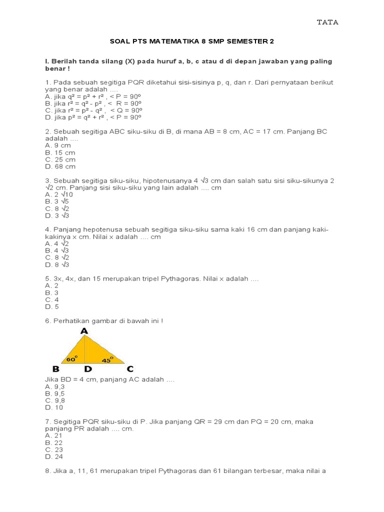 Soal PTS Matematika 8 SMP Semester 2 | PDF | Griya & Taman
