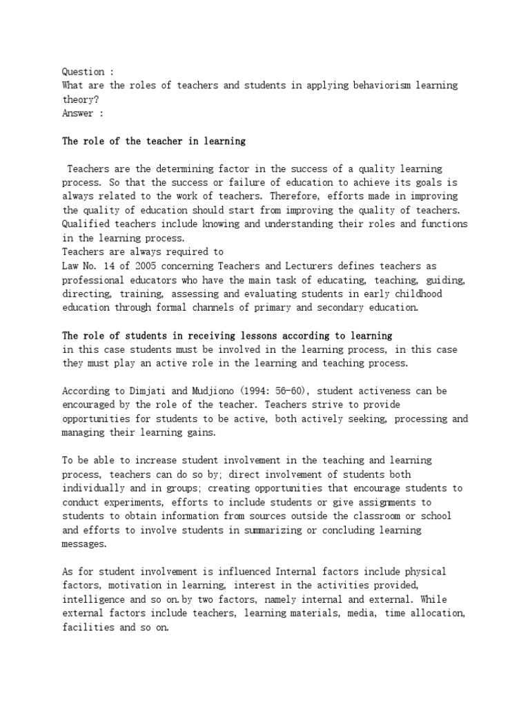 The Role of Teacher and Student in Applying Behaviorm Learning Theory | PDF