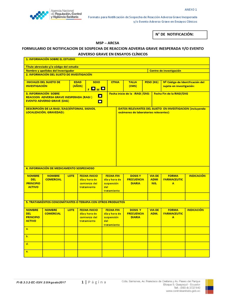 Formulario de Notificacion de Sospecha de Reaccion Adversa Grave e ...