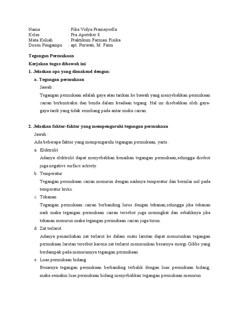 Fika Vidya Pramaysella - Farmasi Fisika - Tugas Tegangan Permukaan | PDF